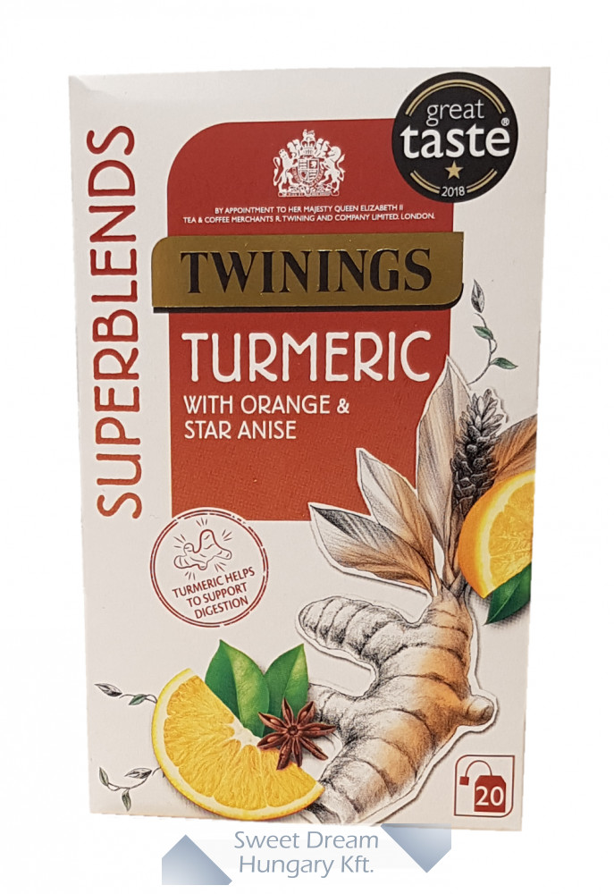 Twinings Superblends Turmeric Kurkuma tea naranccsal és csil